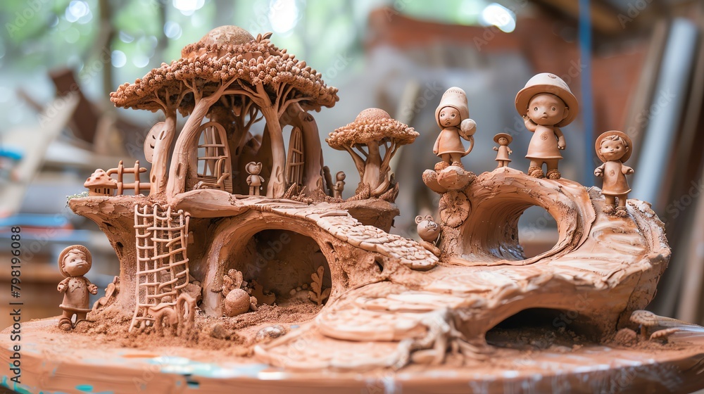 Craft a detailed clay sculpture depicting a whimsical playground ...