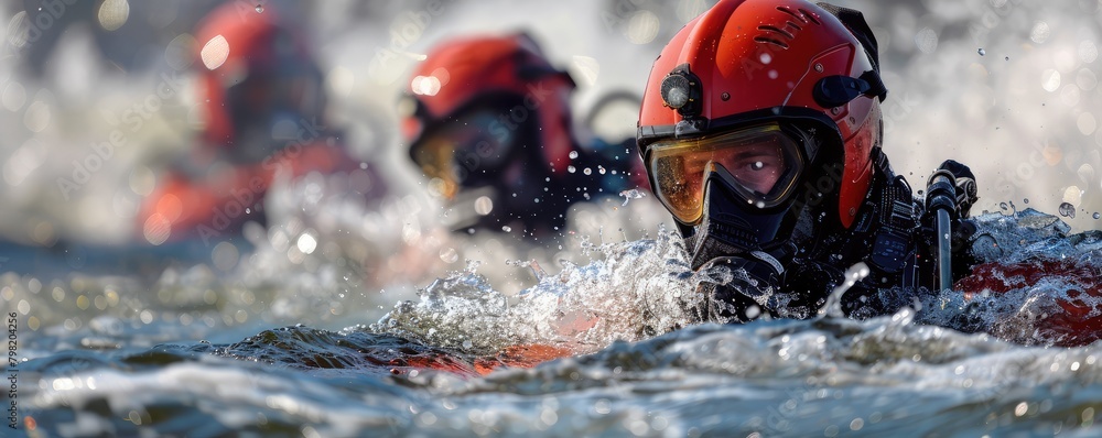 Intense male lifeguard in action during a water rescue training ...