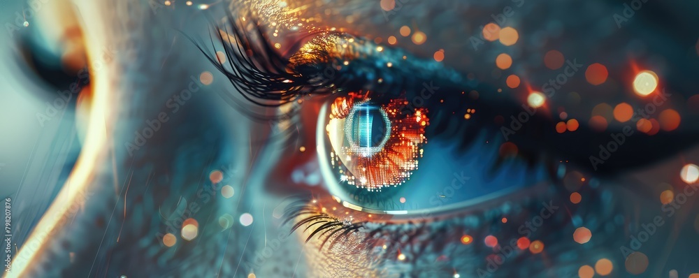 human eye with a futuristic digital enhancement overlay, hinting at ...