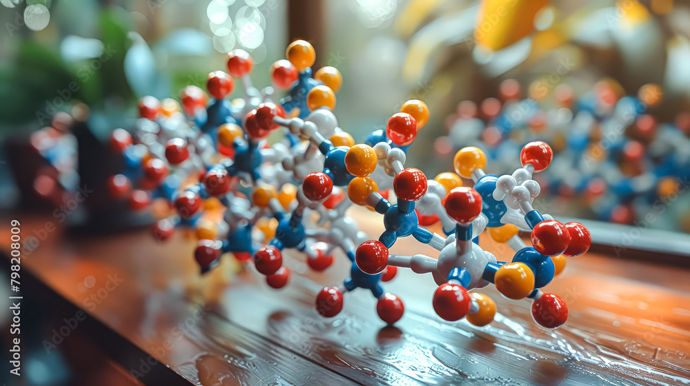 A model of a molecule is displayed on a wooden table. The molecule is ...