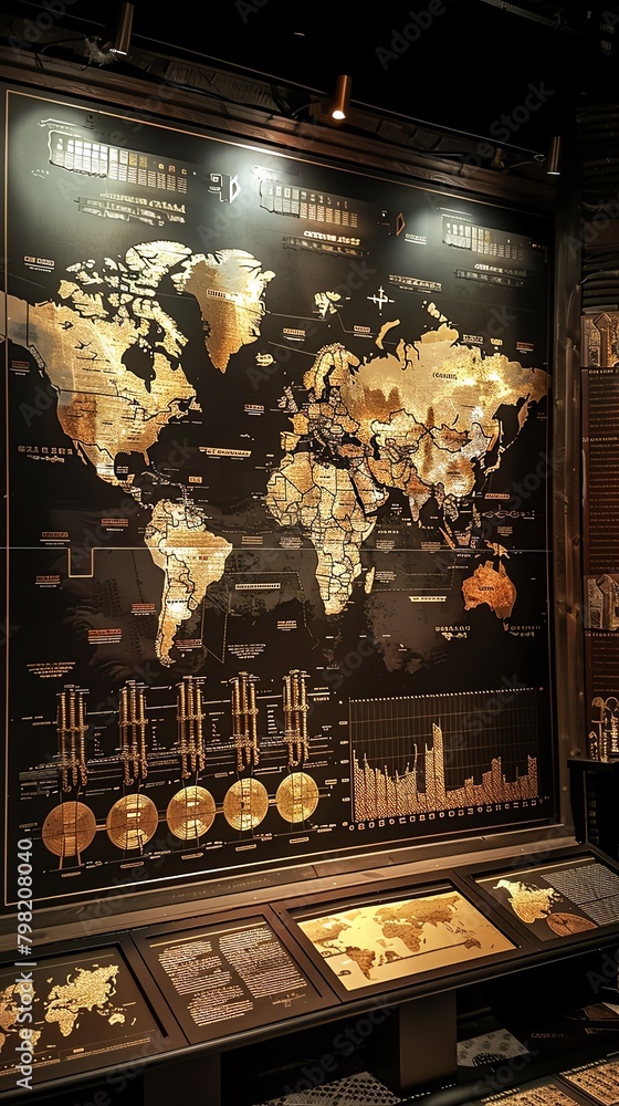 A museum exhibit featuring a historical world map with ancient trade ...