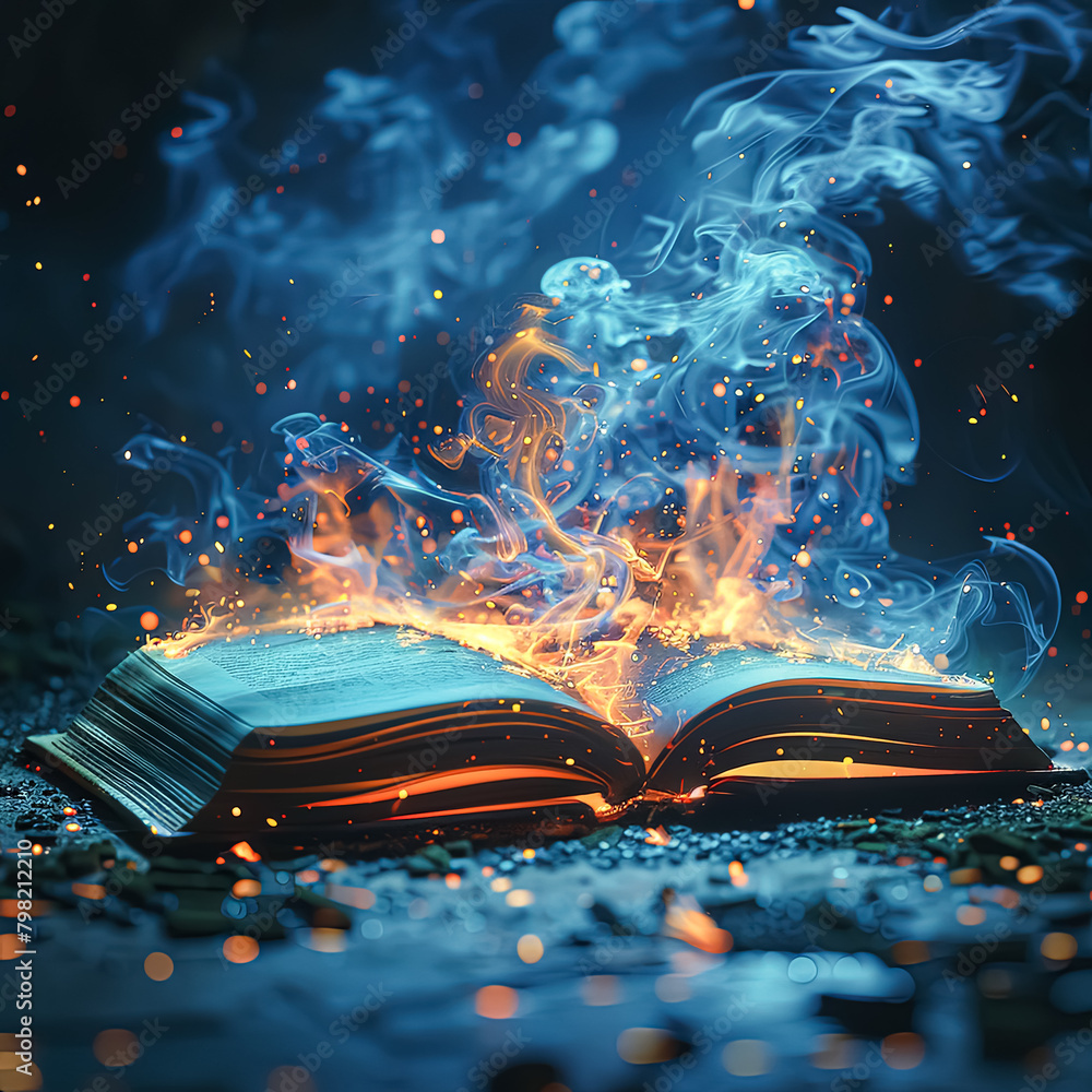 A book is on fire and the flames are blue. The book is open to a page ...