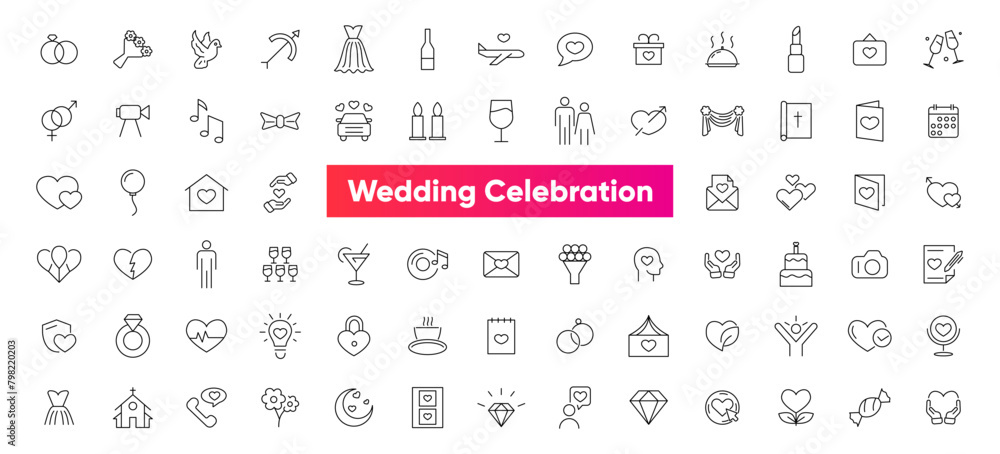 Wedding line icons set collection. Love beauty celebration wedding ...