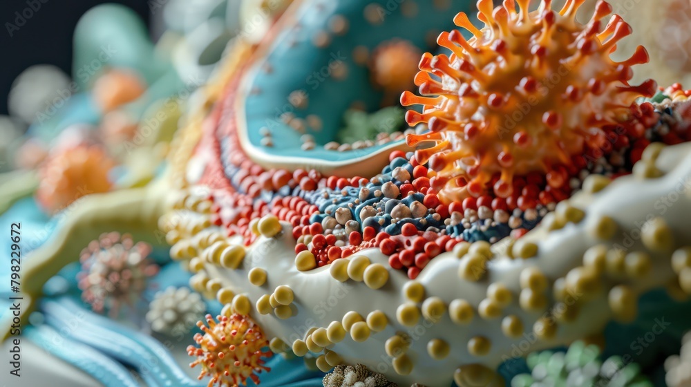 A close-up view of a stomach model showing ulcers, with educational ...