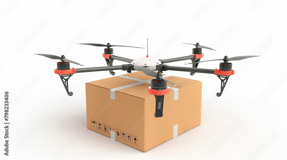 Drone, quadcopter is delivering package, cardboard.Drone technology ...