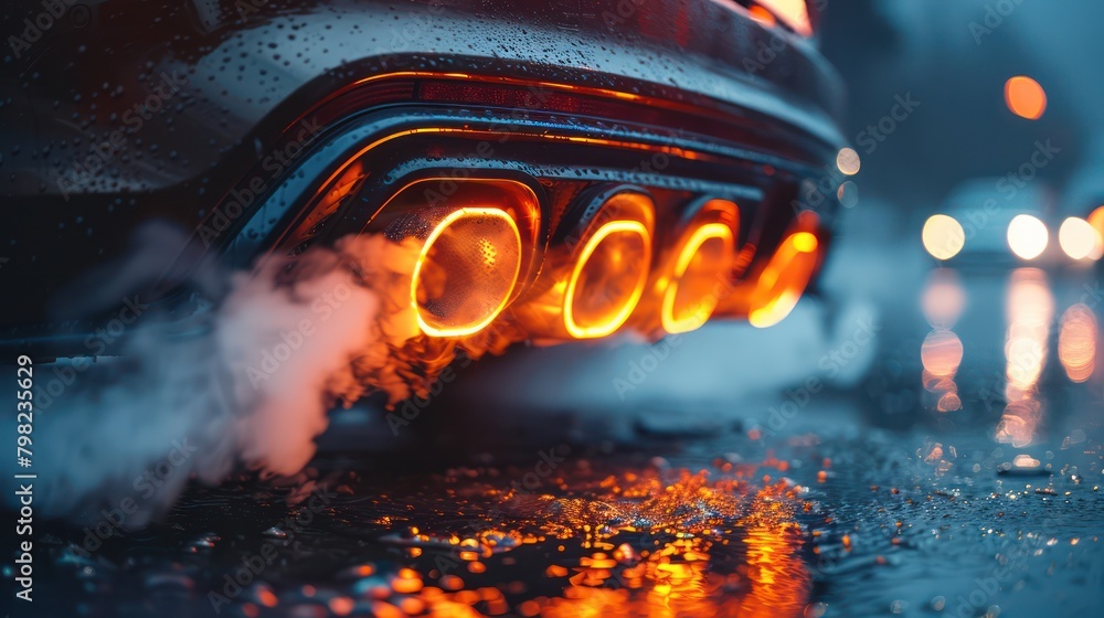 Close-up of automobile exhaust fumes, digital sensor detecting nitrogen ...