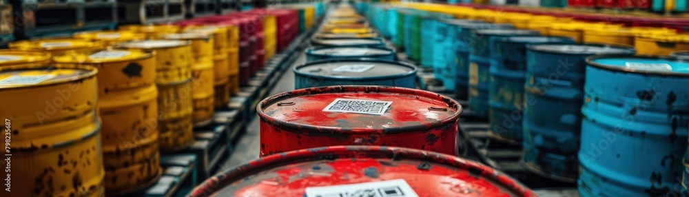 Close-up of barrels of chemical waste with QR codes for tracking, high ...