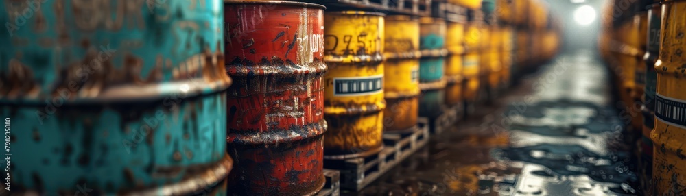 Close-up of barrels of chemical waste with QR codes for tracking, high ...
