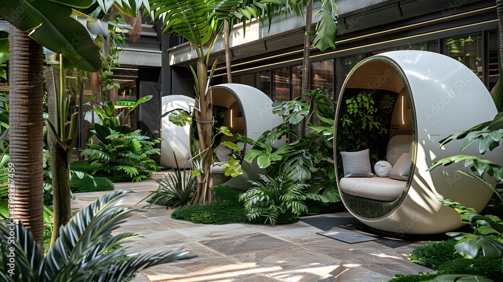 A serene office park surrounded by greenery, where employees take ...