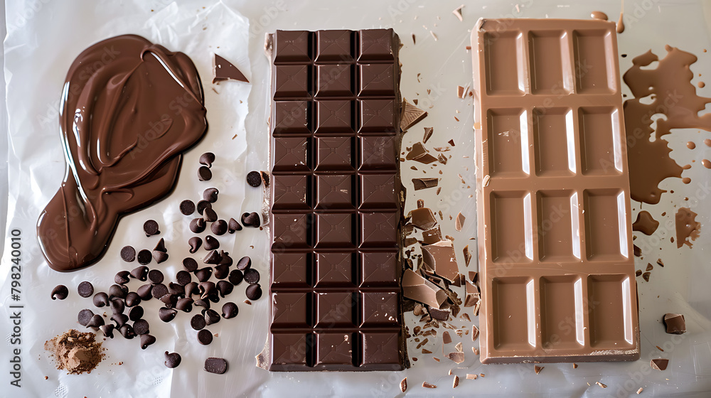 three types of chocolate: Melted Dark Chocolate with Chips: On the left ...