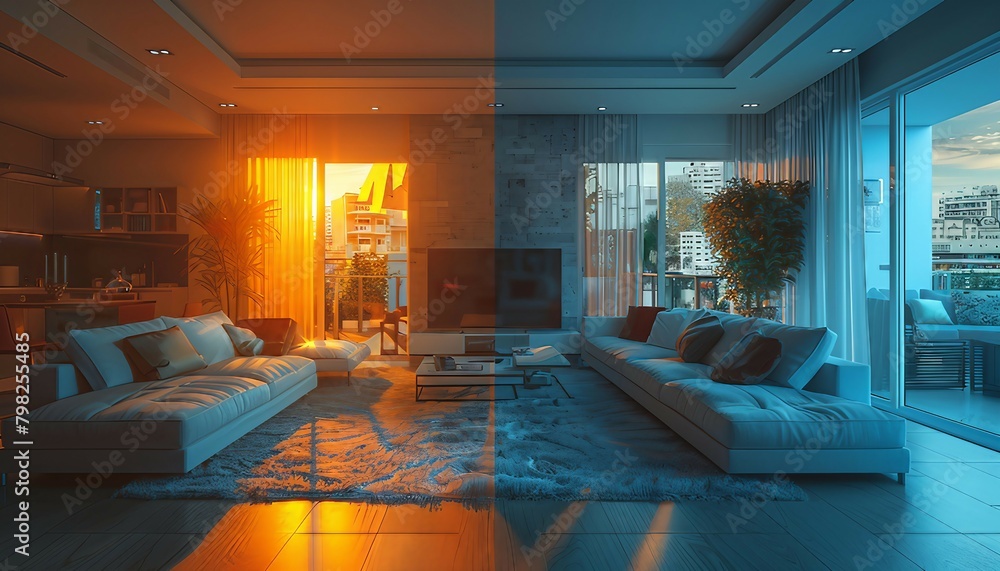 AI Home Optimization, split-screen image comparing a traditional home setup with a smart home ...