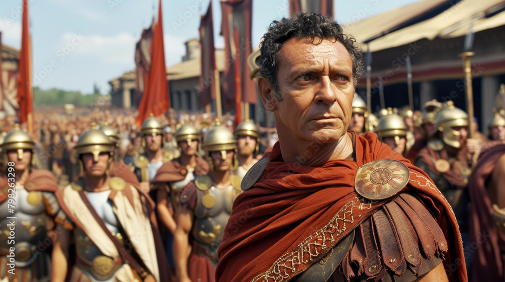 Ancient Roman warlord like Julius Caesar on army background, soldiers ...