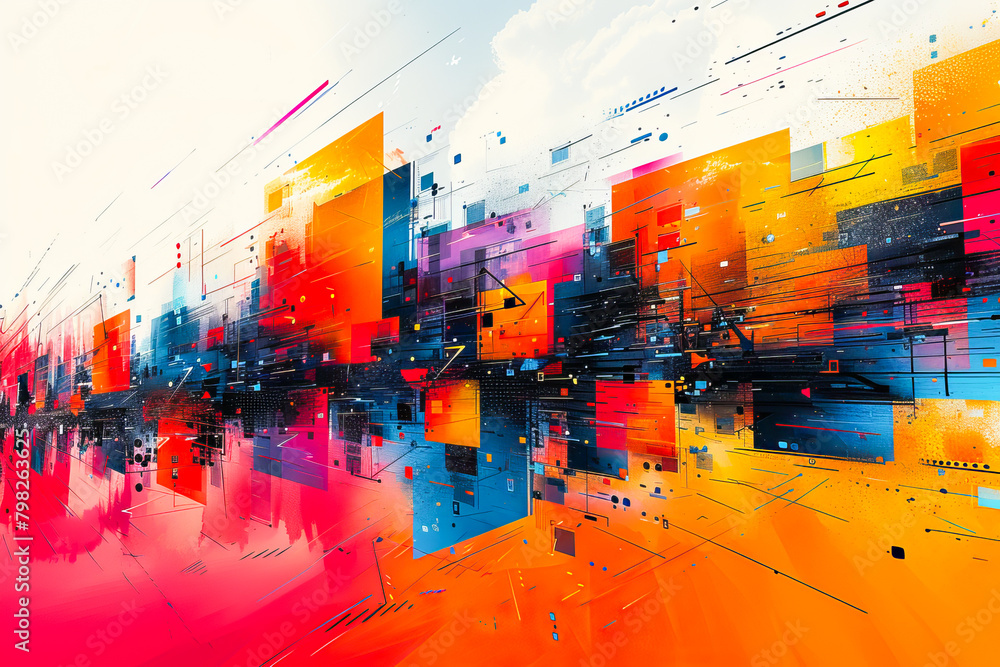 Abstract vibrant explosion of neon-colored geometric shapes on a ...