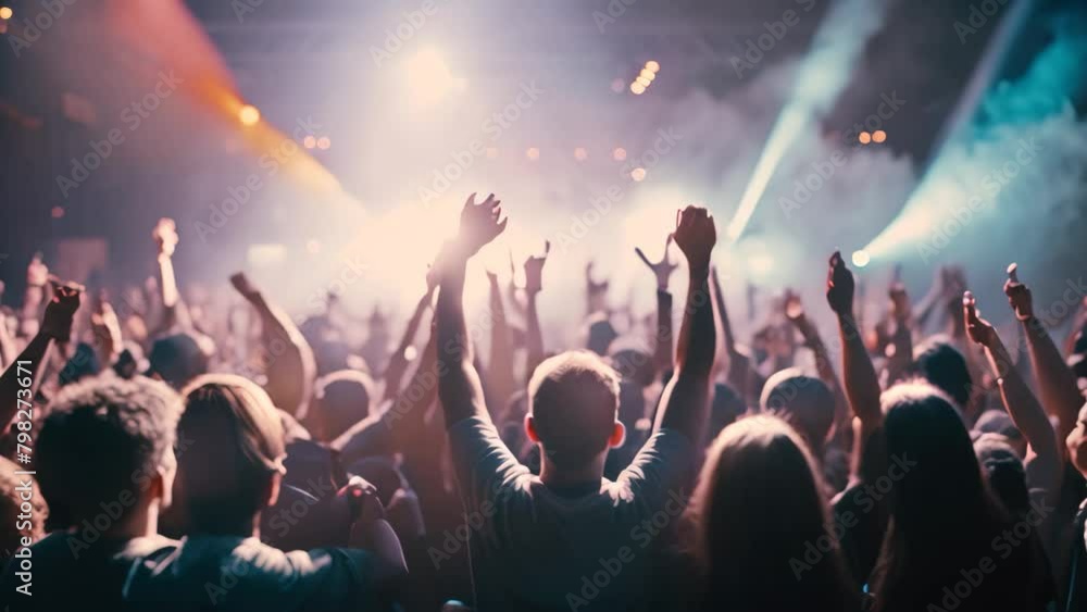 Crowd at concert with raised hands and bright stage lights in ...