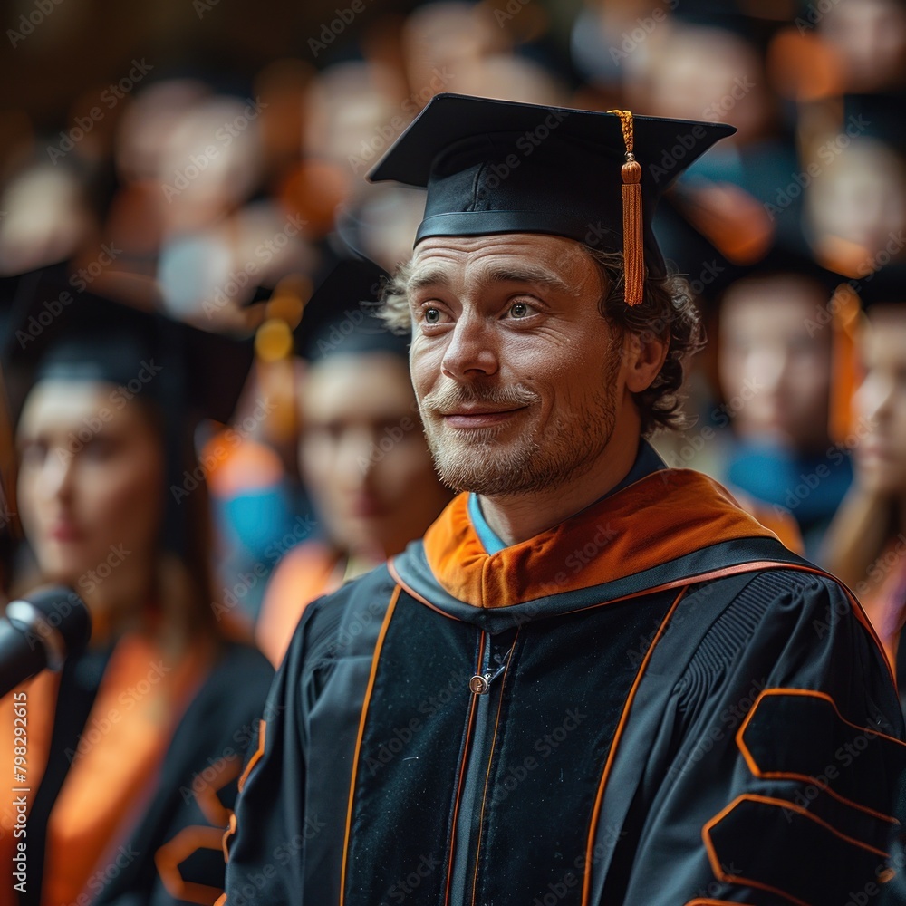 The graduates and diplomas stood in front of the mic wearing graduation ...