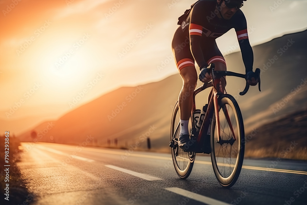Cyclist in motion at sunset on a deserted road, embodying speed ...