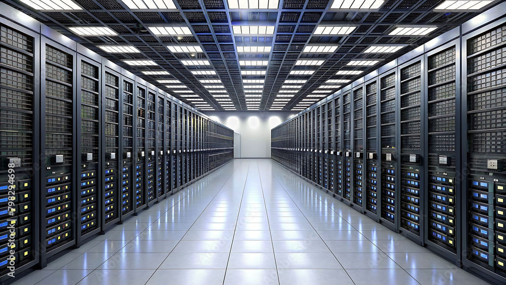 Generative ai. A long aisle in a well-lit data center is flanked by ...