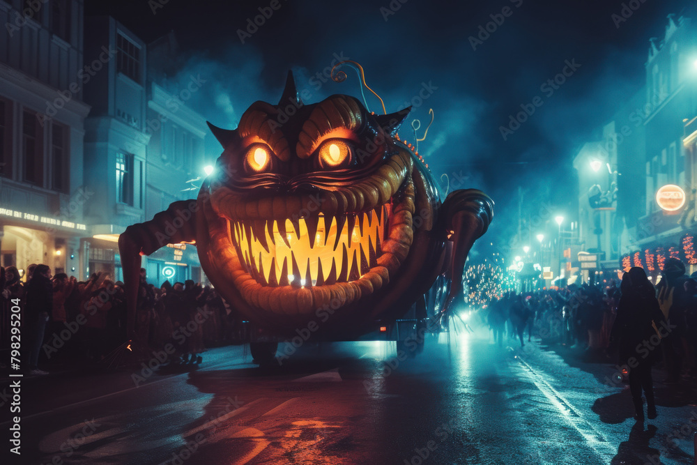Giant menacing Halloween parade balloon floating over a crowd on a ...
