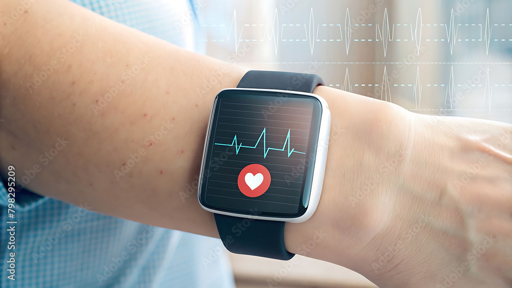 Generative ai. someone is holding a smart watch with a heartbeat ...