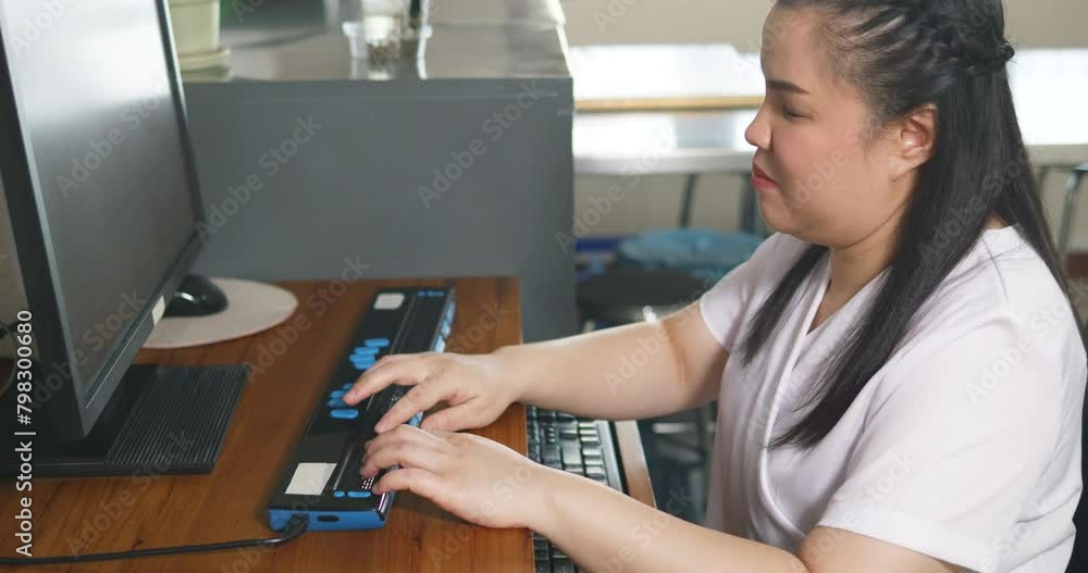 Asian woman with blindness disability using computer with refreshable ...