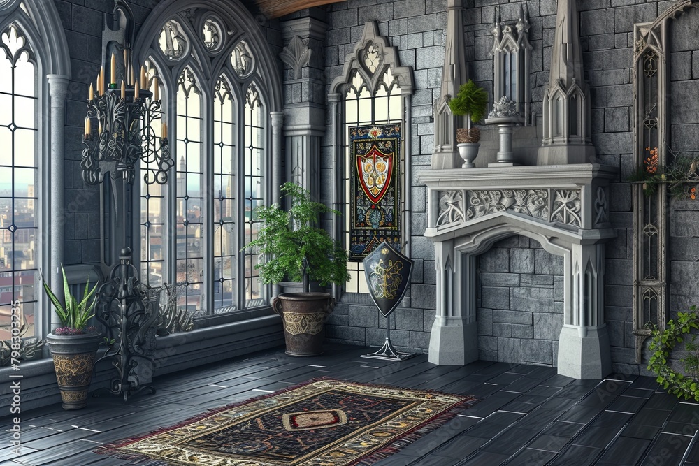 3D Gothic Study with Slate Grey Stone Walls, White Mantels, and Walnut ...