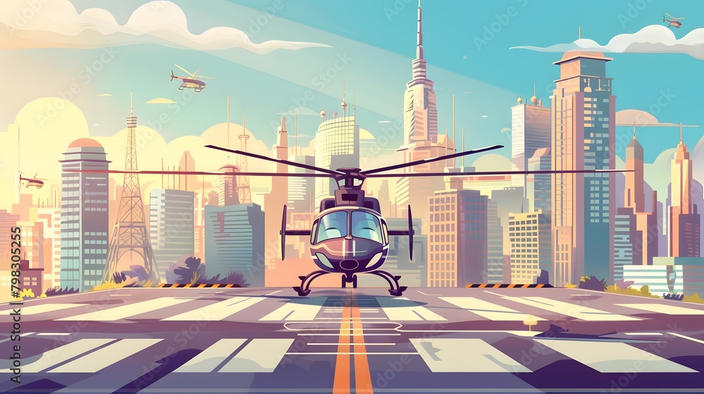Vector illustration of a beautiful helipad. Cartoon urban buildings ...