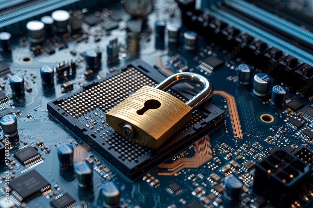 Cyber Safety Concept: High-Tech Padlock Securing Digital Motherboard ...