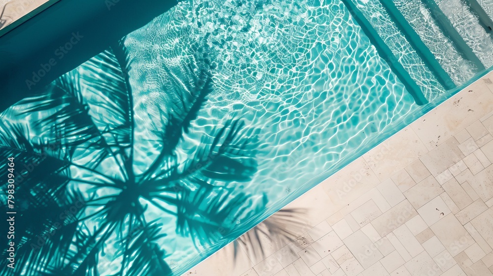 An overhead view of a luxurious swimming pool with the shadow of a palm ...