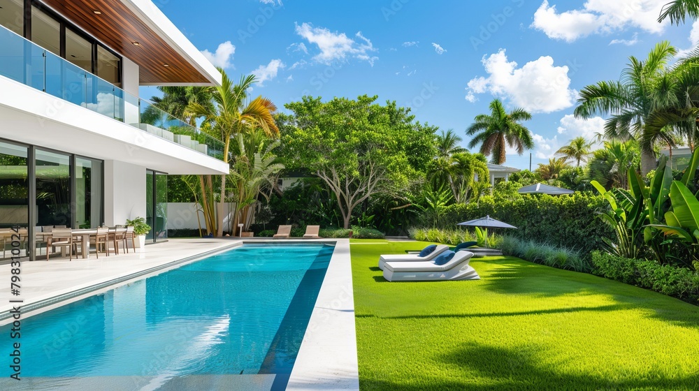 The elegant backyard of a modern house located in Miami Beach's ...