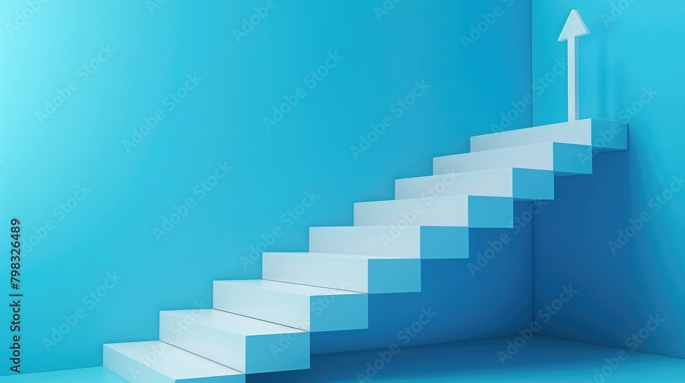 White arrow up with blue stair on blue floor background, 3D arrow ...