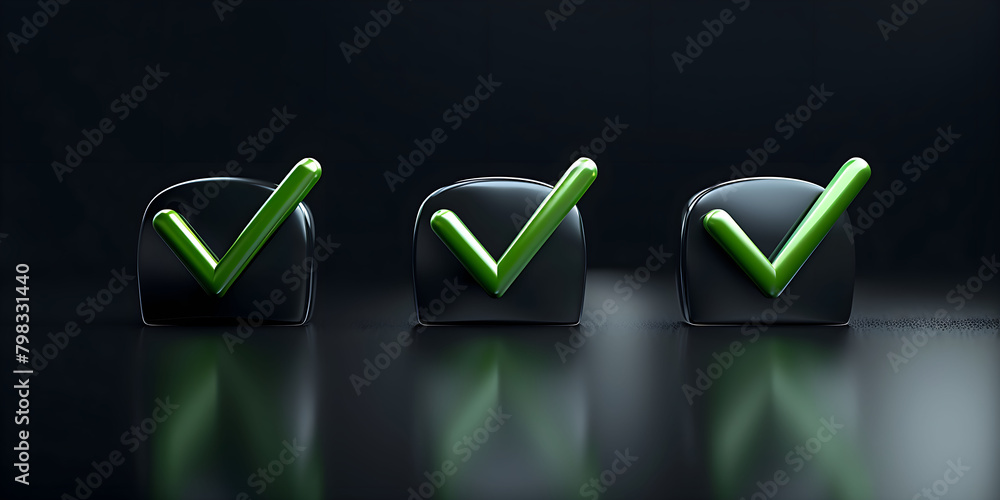 Three Check Mark green color with black background, 3D illustration ...