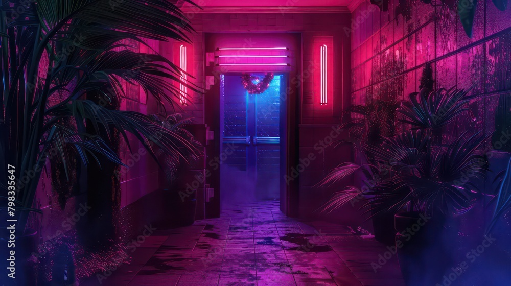 Entrance to dark room with neon lights and palm tree Stock Illustration ...