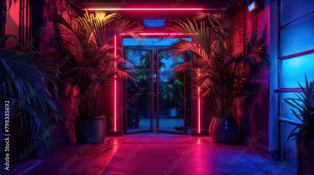 Entrance to dark room with neon lights and palm tree Stock Illustration ...