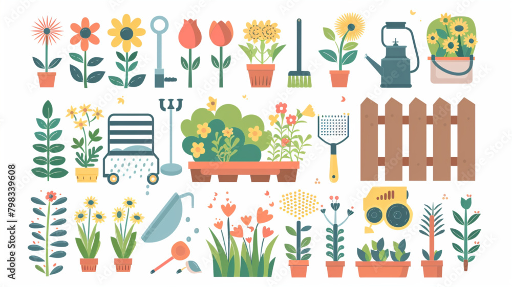 Garden flat icons set. Flowers, plot, dacha, grass, watering can, trees ...