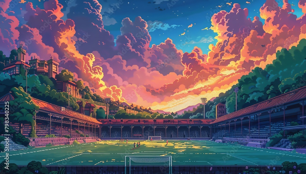 Illustrate a panoramic view of a soccer stadium during a decisive goal ...