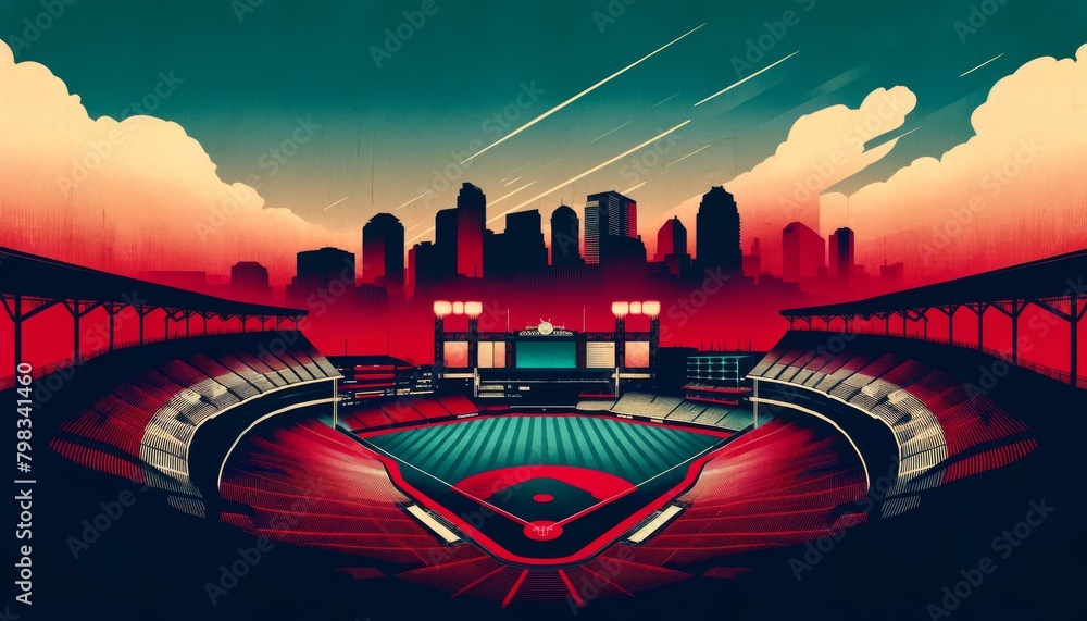 Minimalist baseball stadium concept with stylized sunset clouds and ...