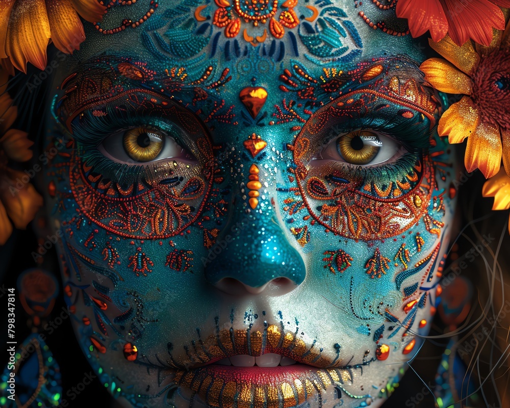 Produce a striking digital rendering of a womans face with intricate ...