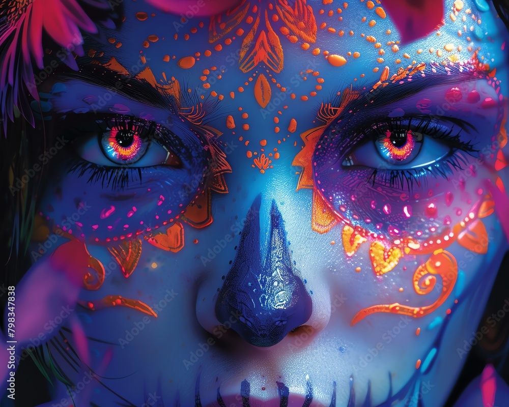Produce a striking digital rendering of a womans face with intricate ...
