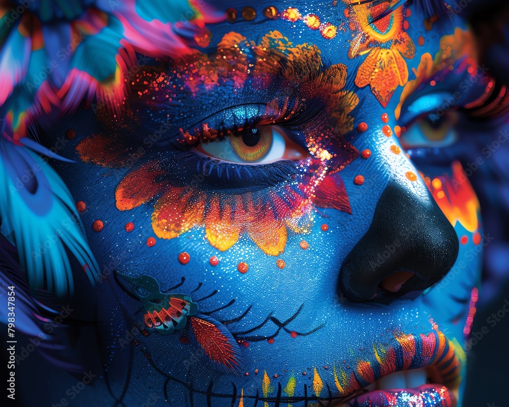 Produce a striking digital rendering of a womans face with intricate ...