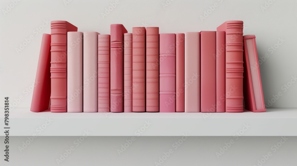 Arrange the pile of pink books on the shelf. Position the books in a ...