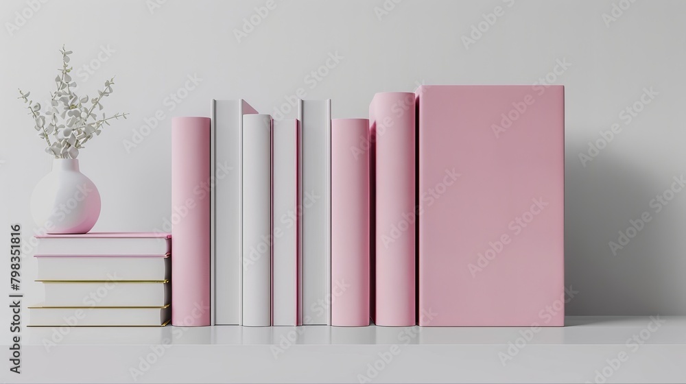 Arrange the pile of pink books on the shelf. Position the books in a ...
