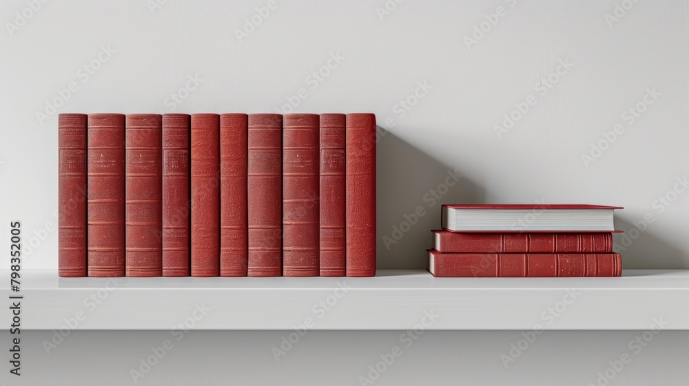 Arrange the pile of red books on the shelf. Position the books in a ...