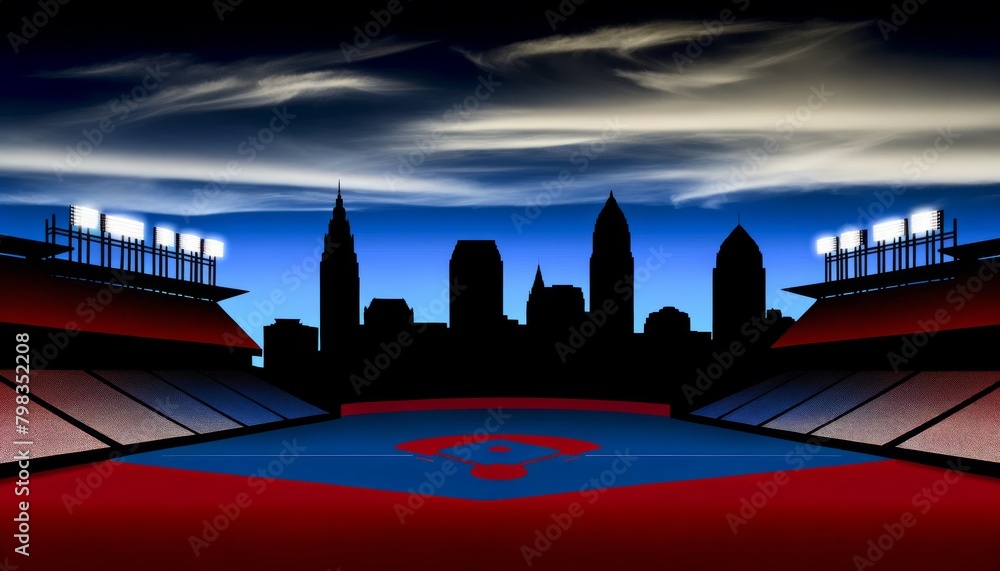 Artistic rendition of a Cleveland baseball stadium with dramatic night ...