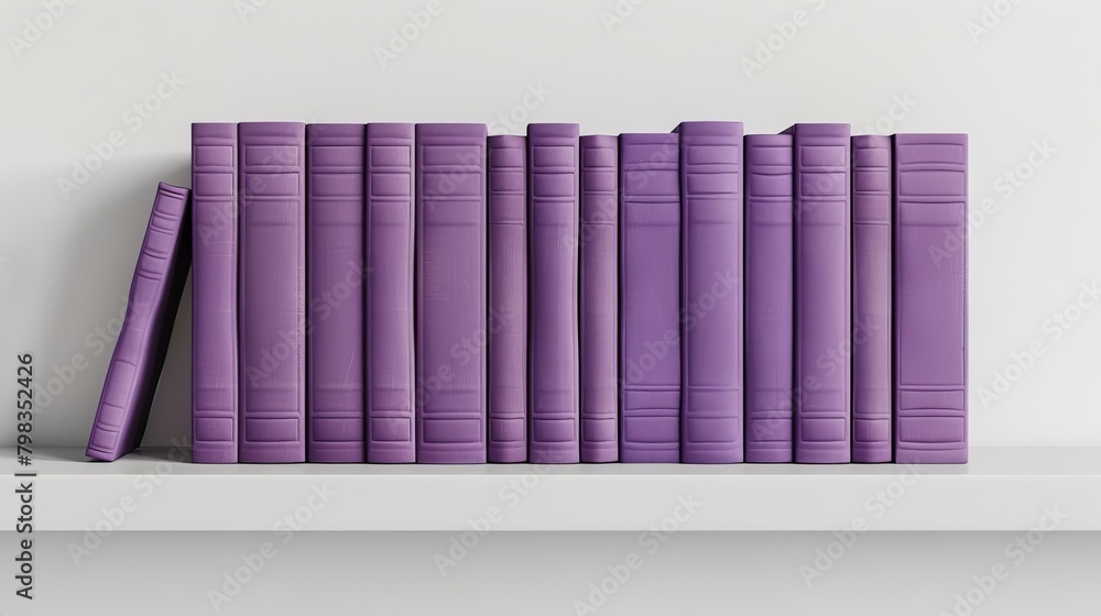 Arrange the pile of purple books on the shelf. Position the books in a ...