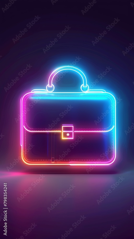 Neonlit briefcase icon, glowing elegantly within a minimalist line art ...