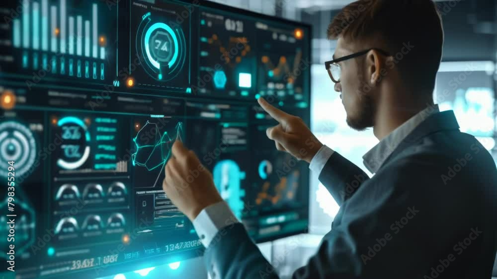A businessman interacts with a virtual interface displaying sales ...