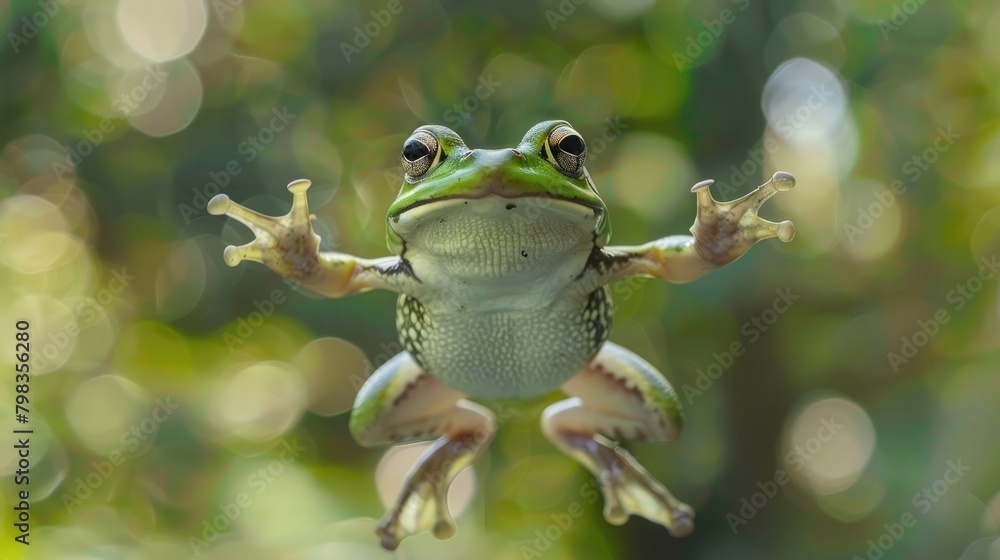 Design a scene where a frog is realistically shown both flying and ...