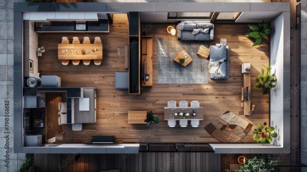 Top view visualization of home interior. 3d layout with open workspace ...