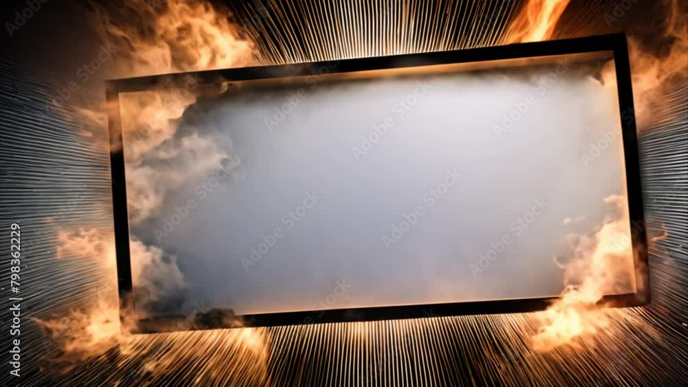 Horizontal, rectangular, black diagonal frame with fire flames on the ...
