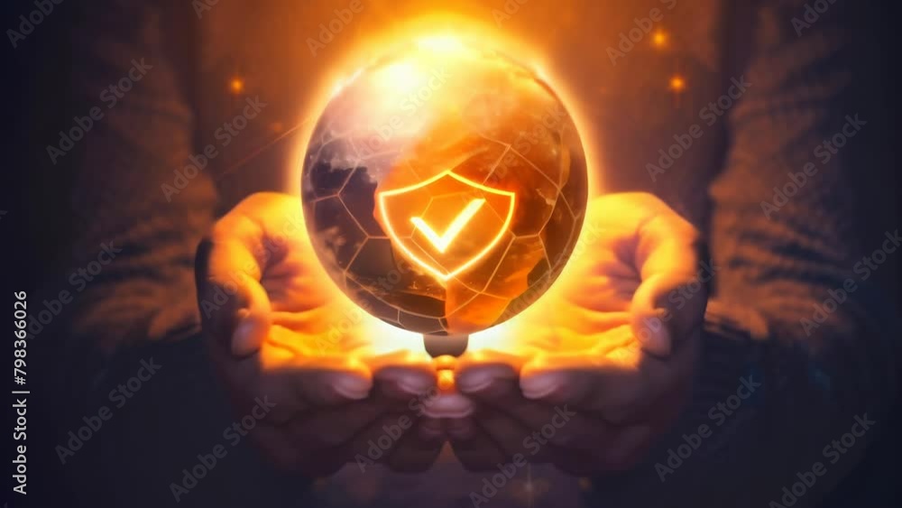 Vidéo Stock Cupped hands hold a glowing globe with a shield bearing a ...